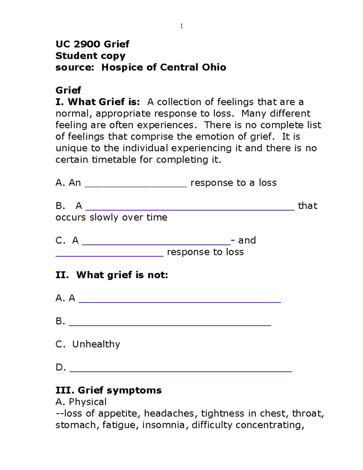 Grief Assignment Sheet - UC 2900 Grief Student copy source: Hospice of ...