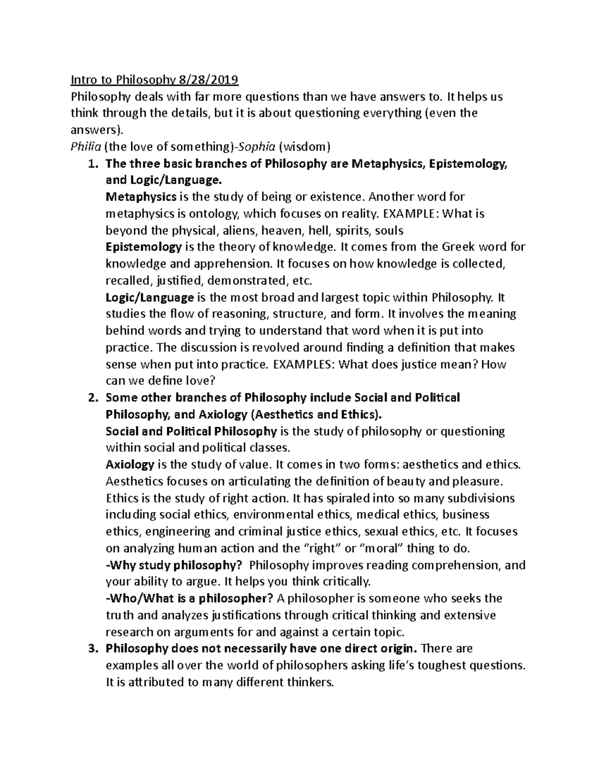 Philosophy Introduction Notes - Intro to Philosophy 8/28/ Philosophy ...