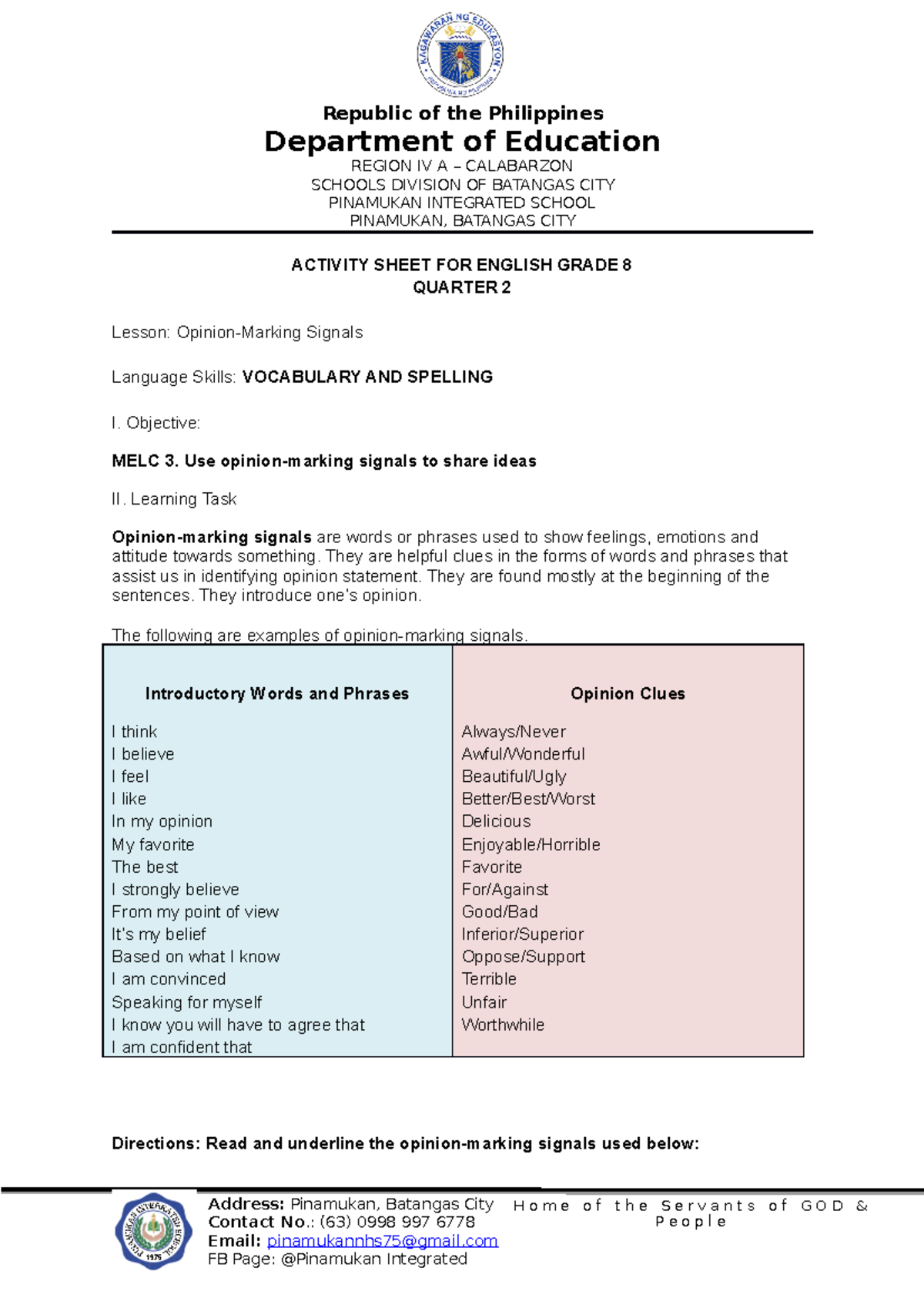 2 LCQ Activity Sheets G8 Q3 3 1 - Republic of the Philippines ...