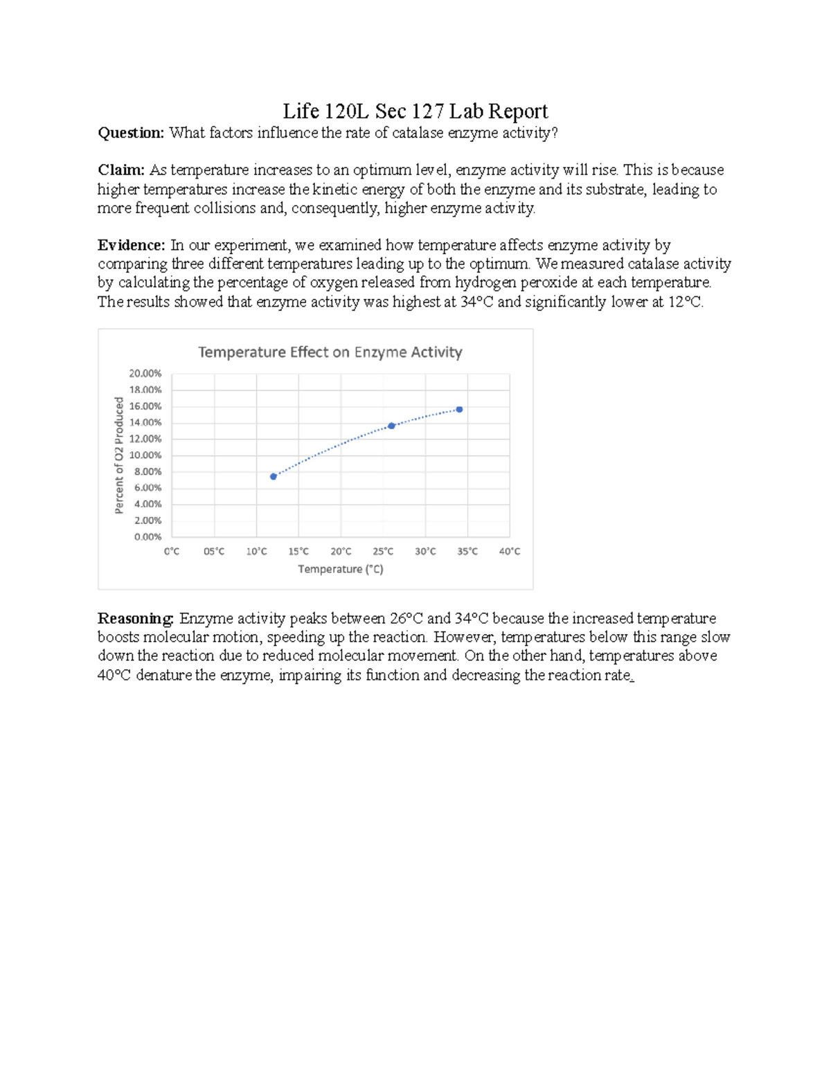Enzyme Lab Report - Life 120L Sec 127 Lab Report Question: What factors ...