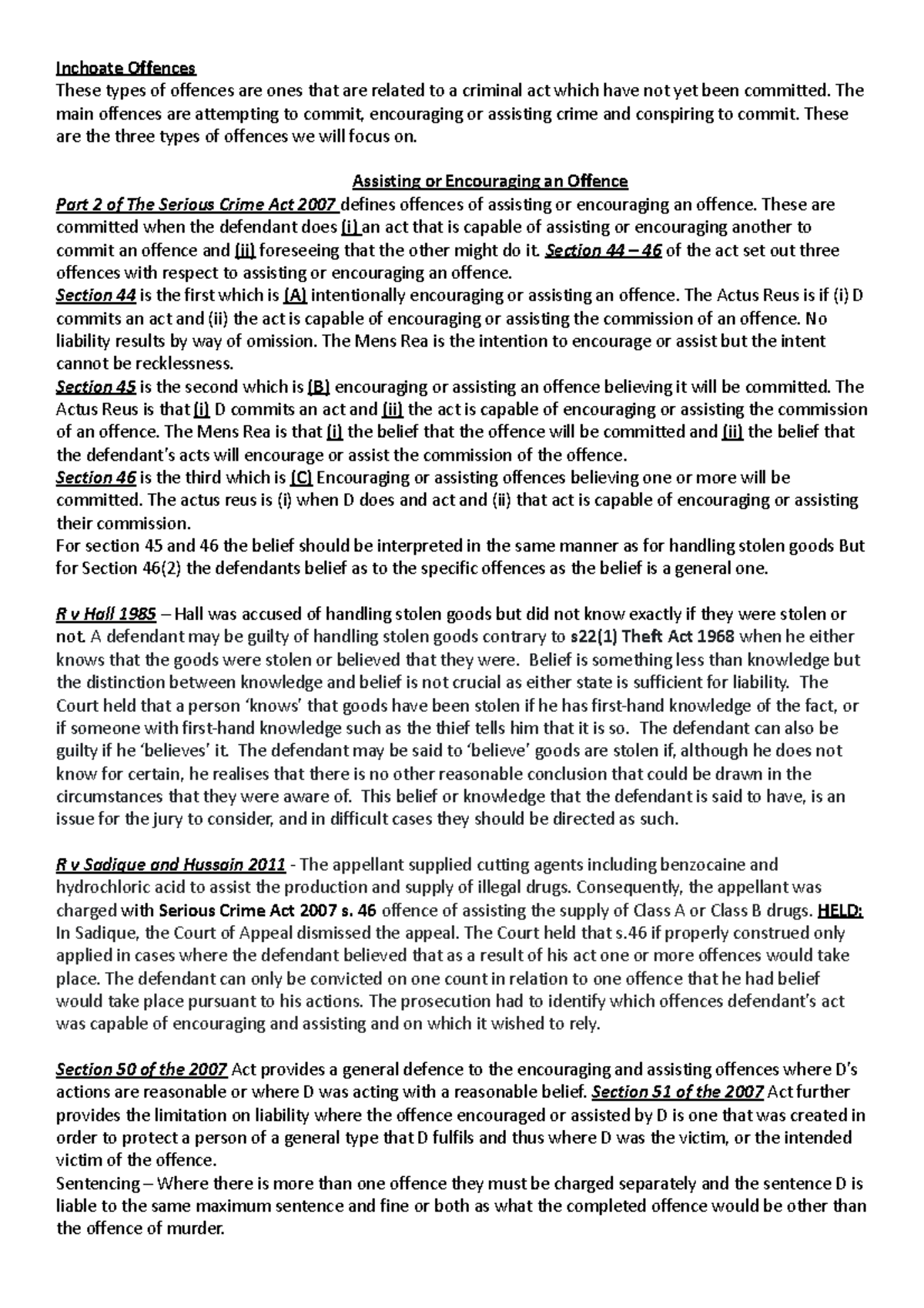 Inchoate Offences Criminal Notes - Inchoate Offences These types of ...
