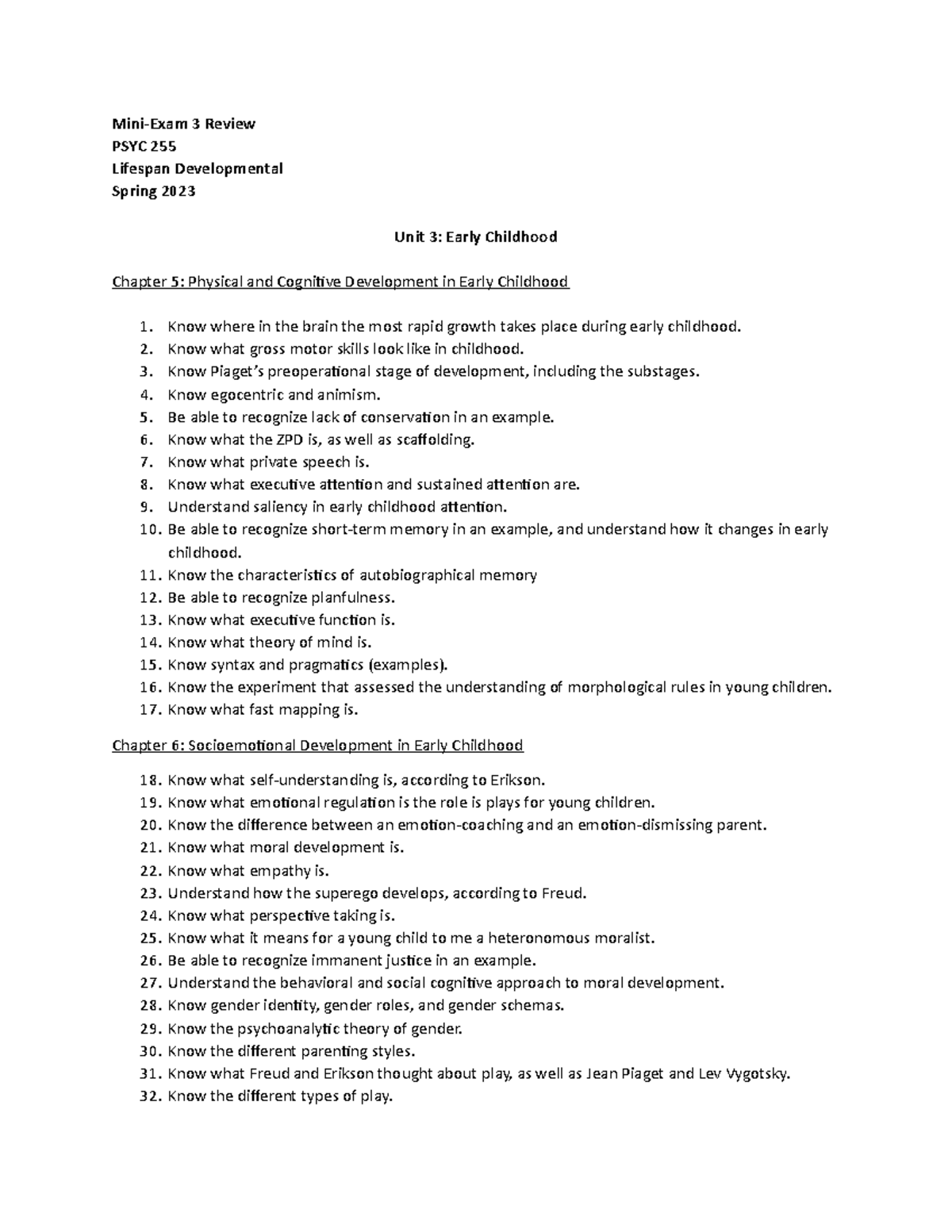 Mini-Exam 3 Review - Mini-Exam 3 Review PSYC 255 Lifespan Developmental ...