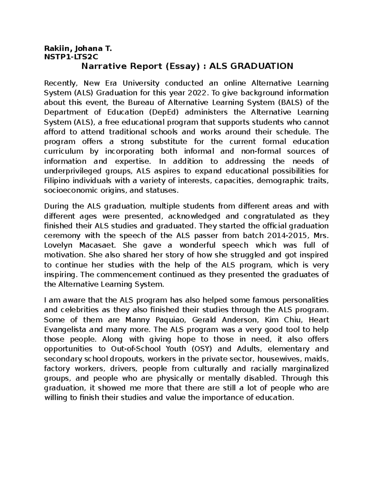 Rakiin Narrative Report - Rakiin, Johana T. NSTP1-LTS2C Narrative ...
