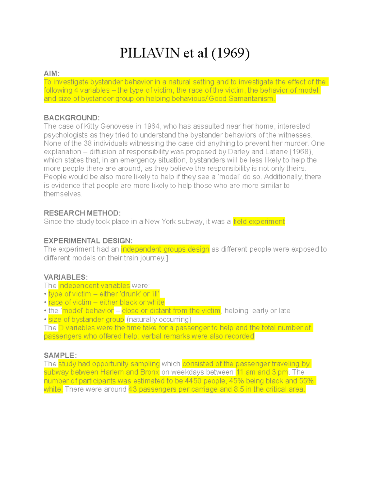 Piliavin et al - Case study summary, this includes all material that ...