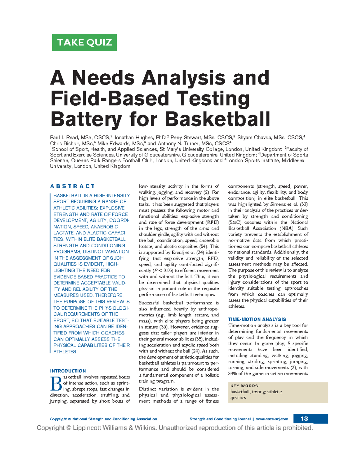 A Needs Analysis and Field Based Testing Battery for Basketball - Read ...