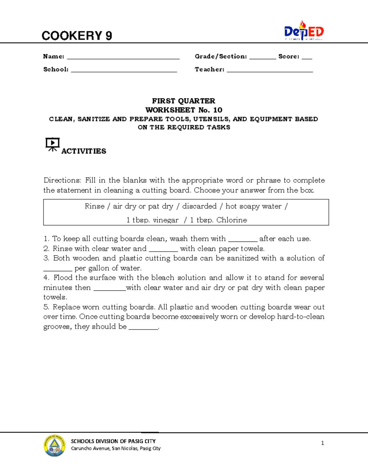 TLE Cookery 9-Q1-DW10 - 1 COOKERY 9 SCHOOLS DIVISION OF PASIG CITY ...