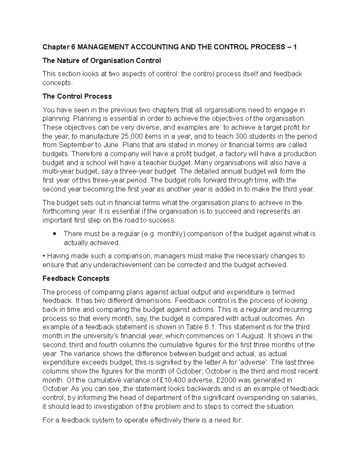 Chapter 6 Management Accounting AND THE Control Process – 1 - Chapter 6 ...