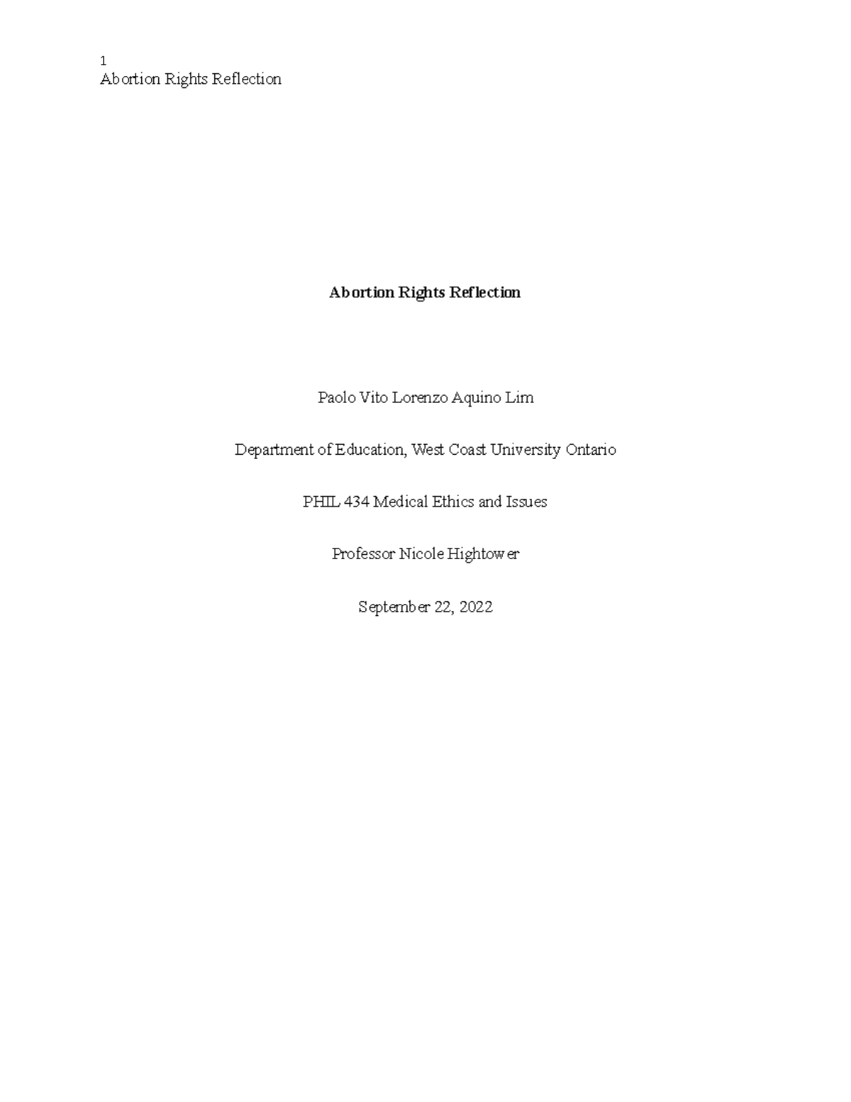 Abortion Reflection essay - Abortion Rights Reflection Abortion Rights ...
