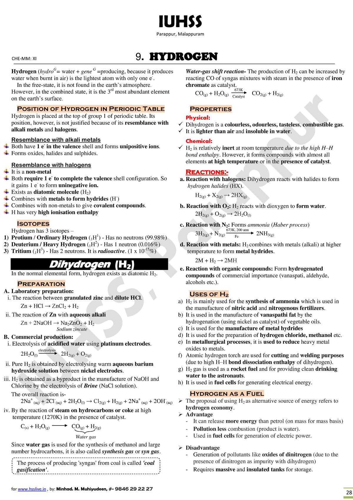 Hsslive-XI-Chemistry-Ch-9-Hydrogen - for hsslive , by: Minhad. M ...