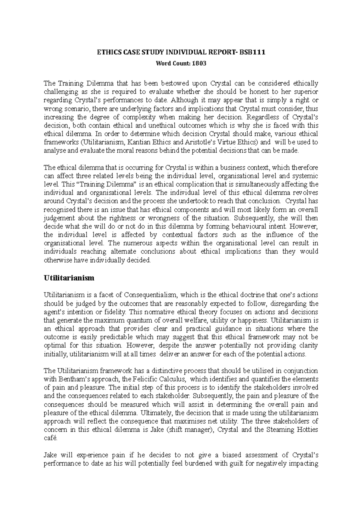 Ethics CASE Study Individual Report- BSB111 - ETHICS CASE STUDY ...