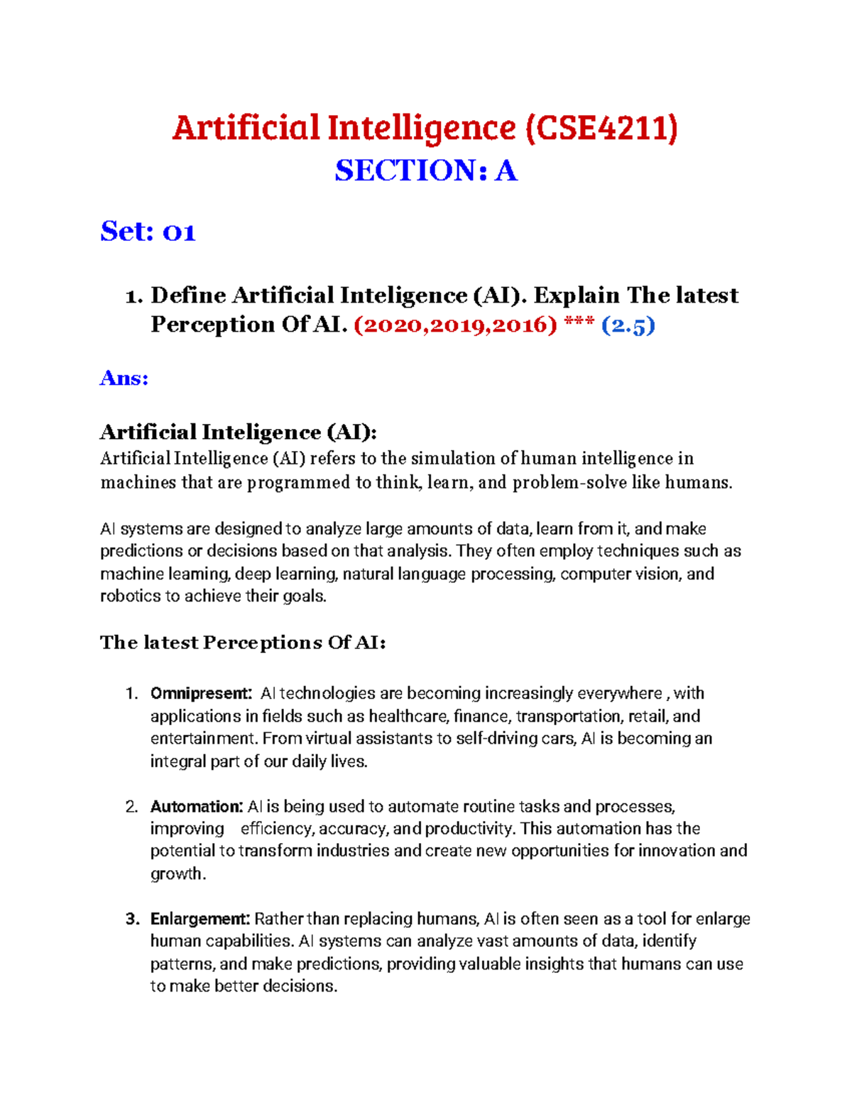 AI - All Sets - Artificial Intelligence (CSE4211) SECTION: A Set: 01 1 ...