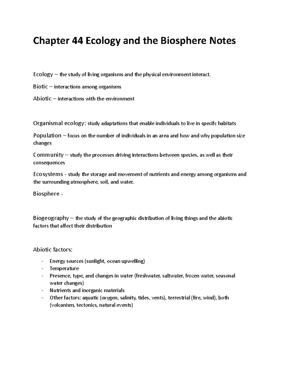 Ecology and the Biosphere Notes - Chapter 44 Ecology and the Biosphere ...