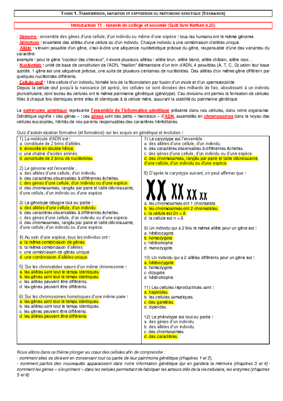 1G spé SVT T1ch1 Complet 2022 2023 - THEME 1. TRANSMISSION, VARIATION ET EXPRESSION DU ...