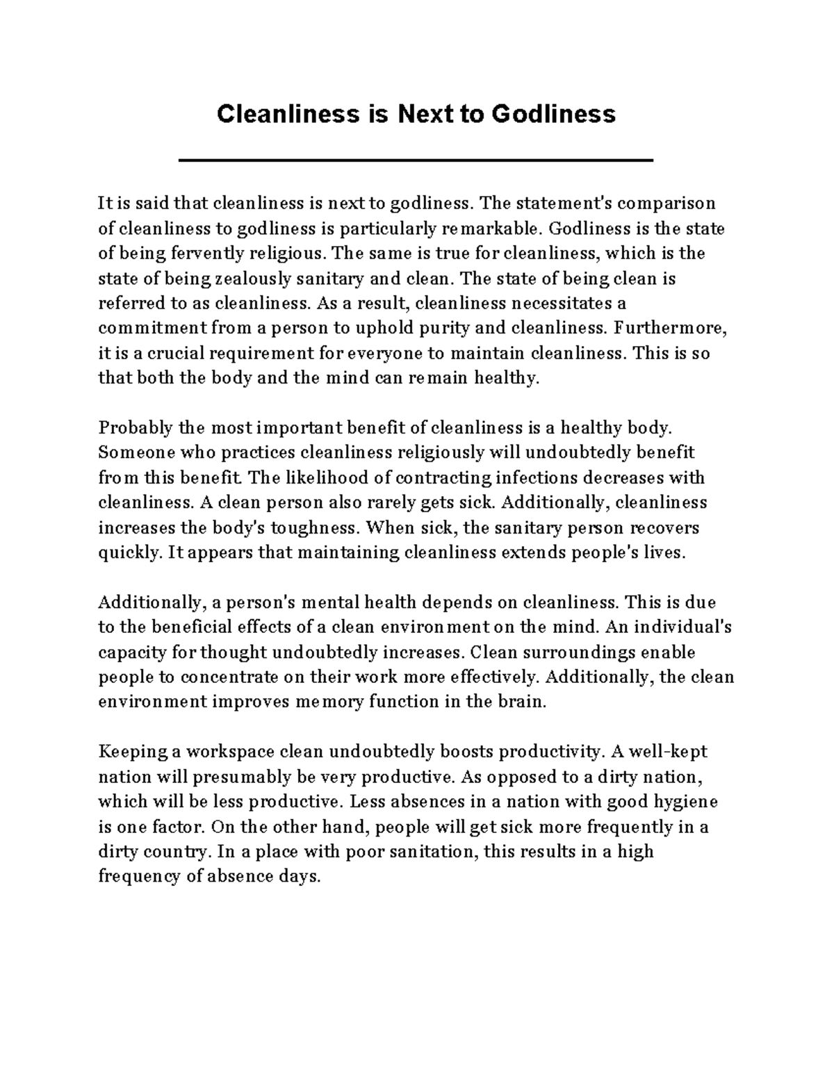 Cleanliness is Next to Godliness - The statement's comparison of ...