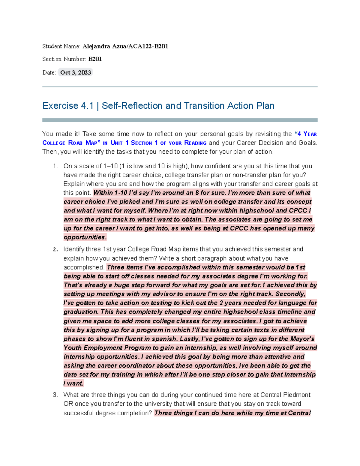 Copy of Exercise 4.1 Self-Reflection and Transition Action Plan ...