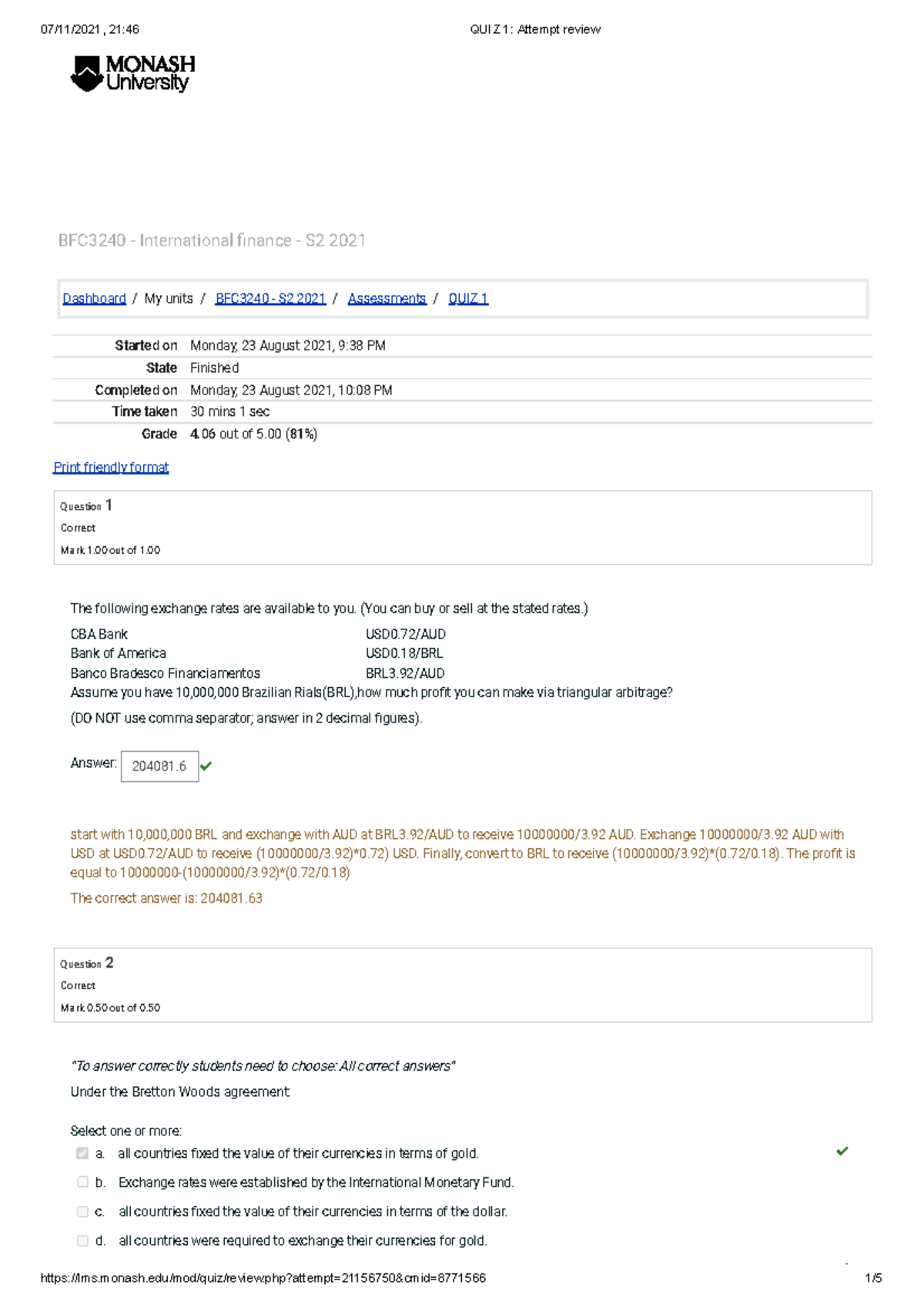 Quiz 1 - Exams, tutorial work, tutorial solutions - Dashboard/My units ...