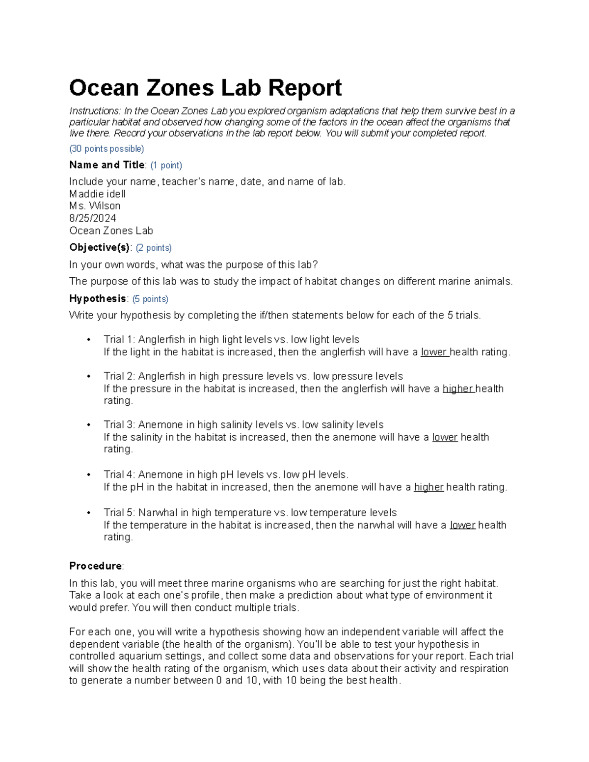 doing this for test answers - Ocean Zones Lab Report Instructions: In ...