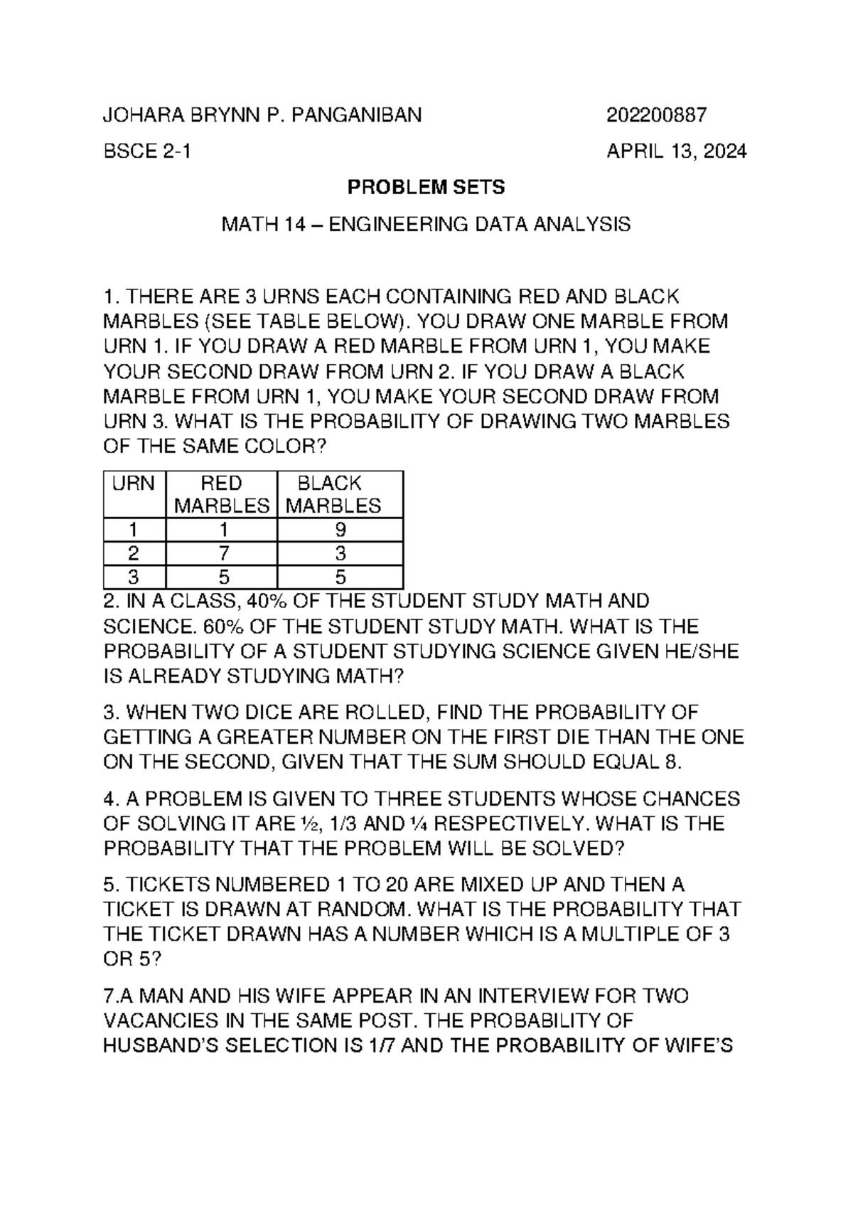Problem SET - JOHARA BRYNN P. PANGANIBAN 202200887 BSCE 2- 1 APRIL 13 ...