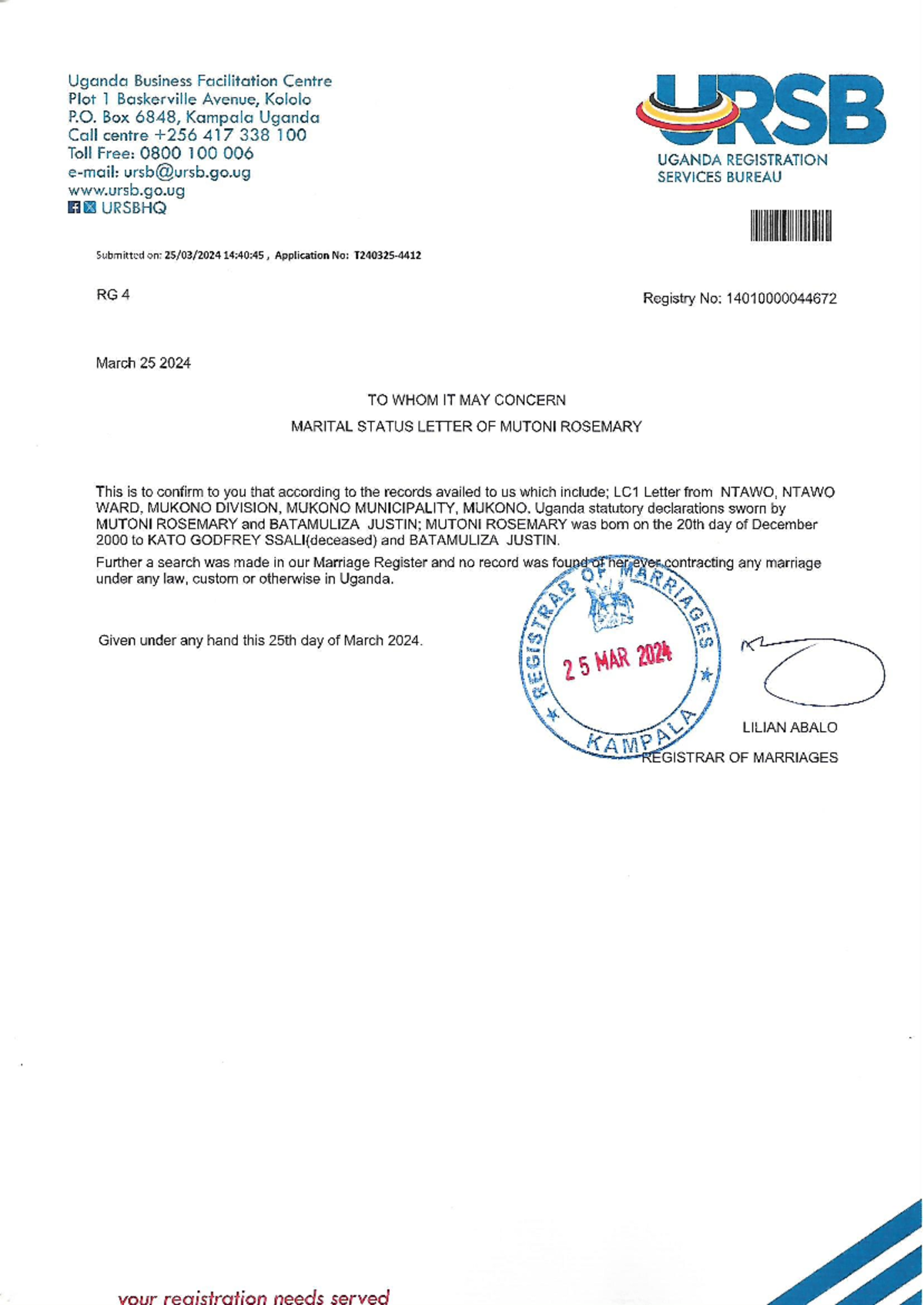 Mutoni rosemary single status letter - Uganda Business Facilitation ...