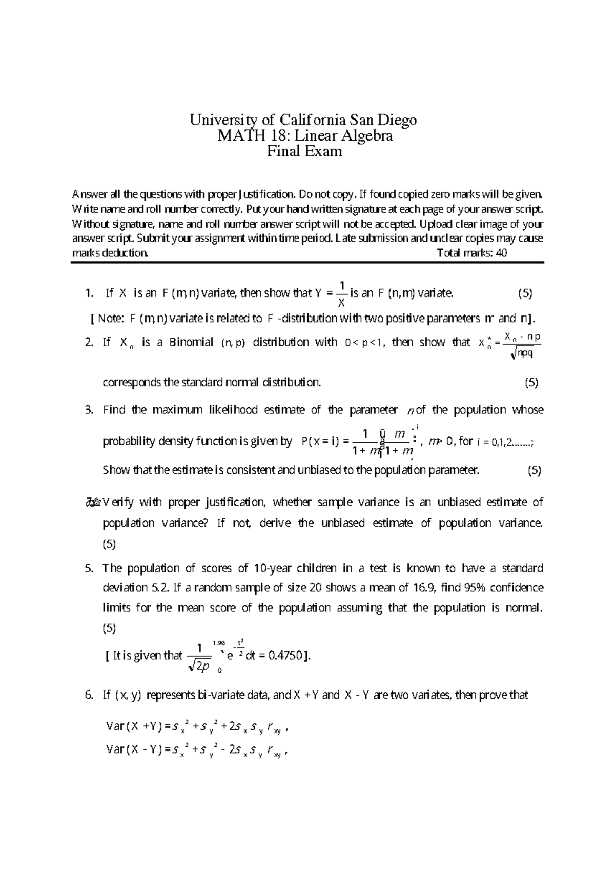 MATH 18 Final Exam - E ND SE ME ST E R A SSIGNME NT MA 202 (Probability ...