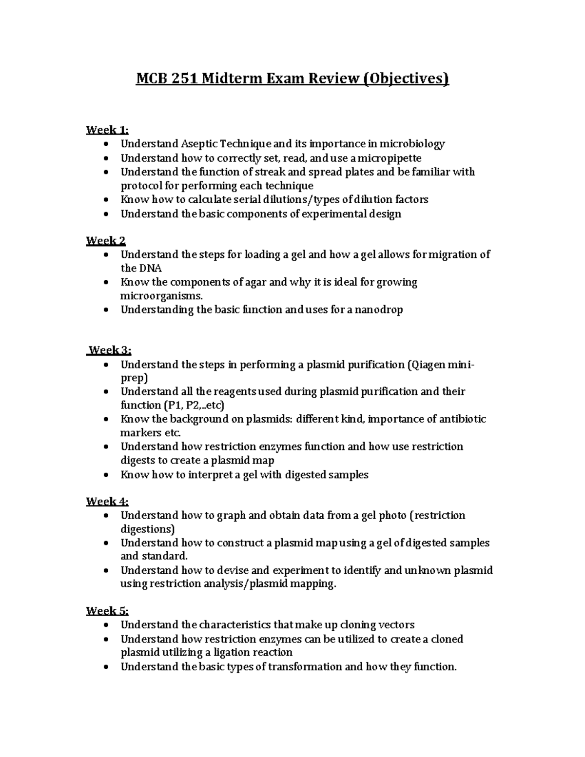 FA24 MCB 251 Midterm Exam Objectives - MCB 251 Midterm Exam Review (Objectives) Week 1 ...