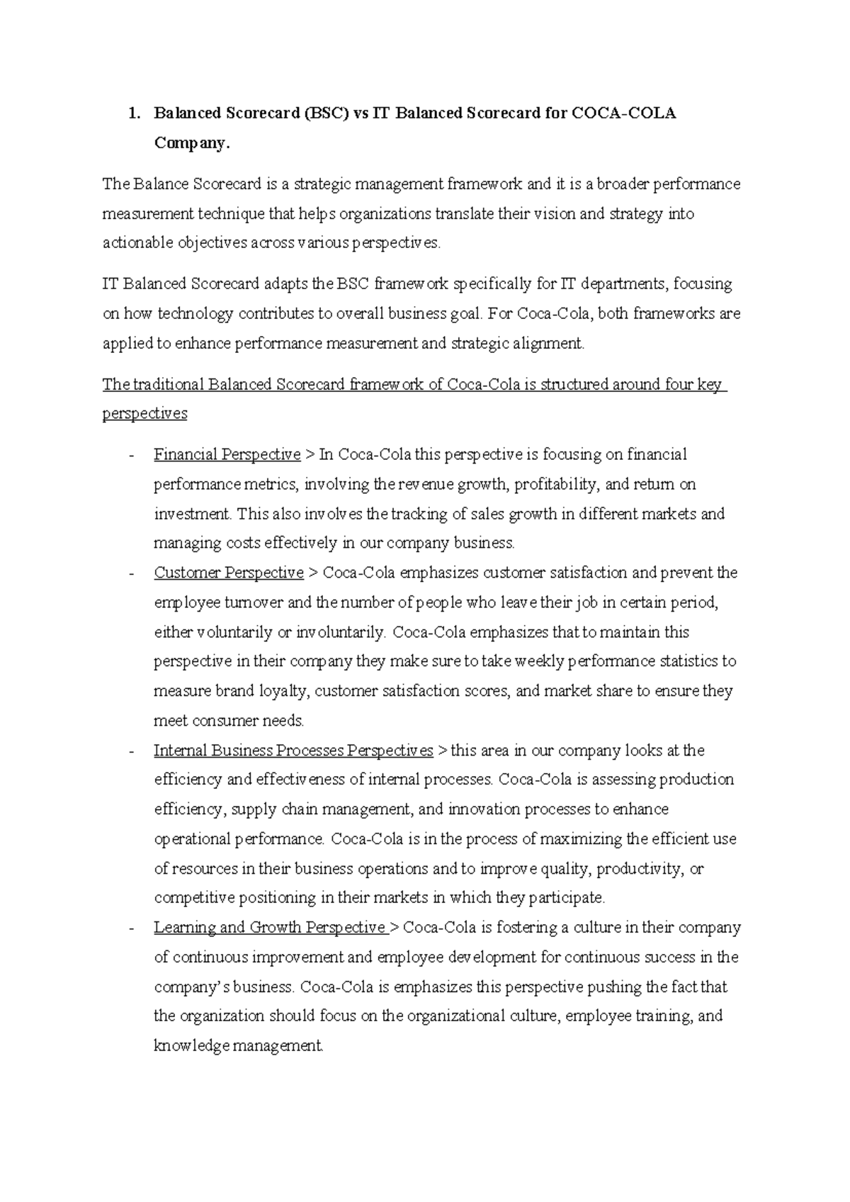 1 - introduction - Balanced Scorecard (BSC) vs IT Balanced Scorecard for COCA-COLA Company. The ...