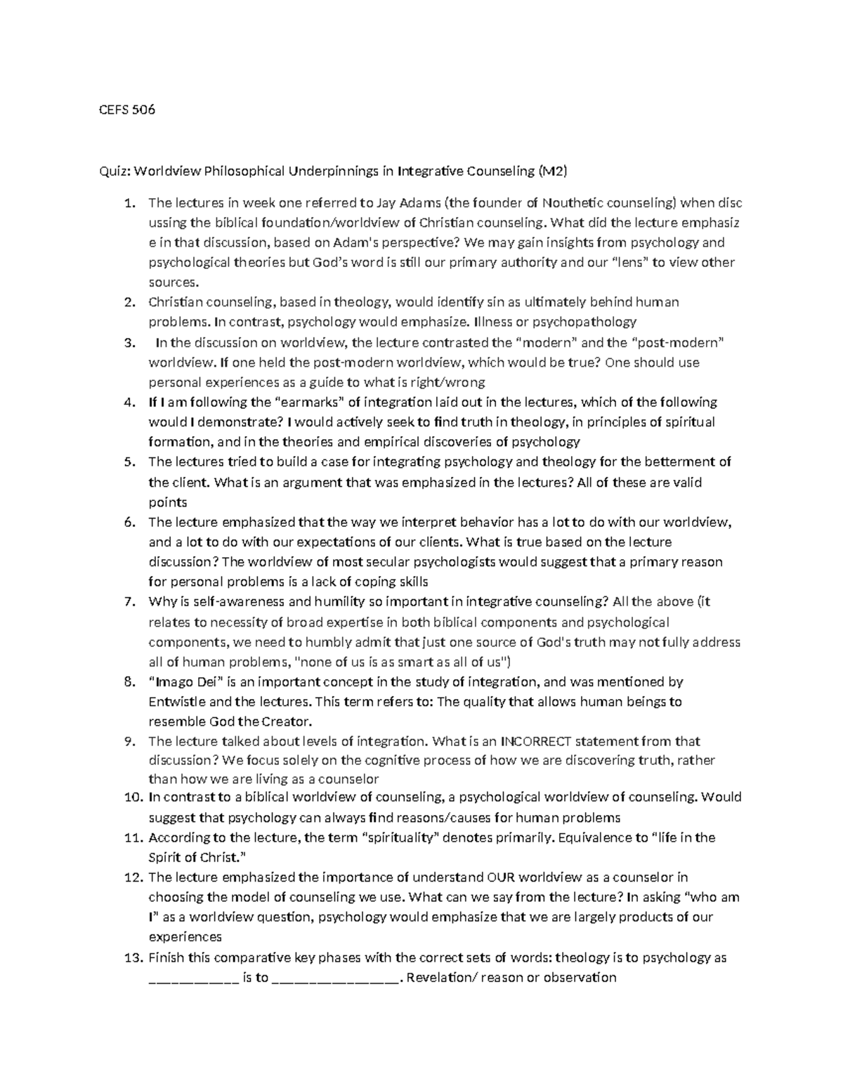 CEFS506 Worldview Philosophical Underpinnings Integrative Counseling M2 ...