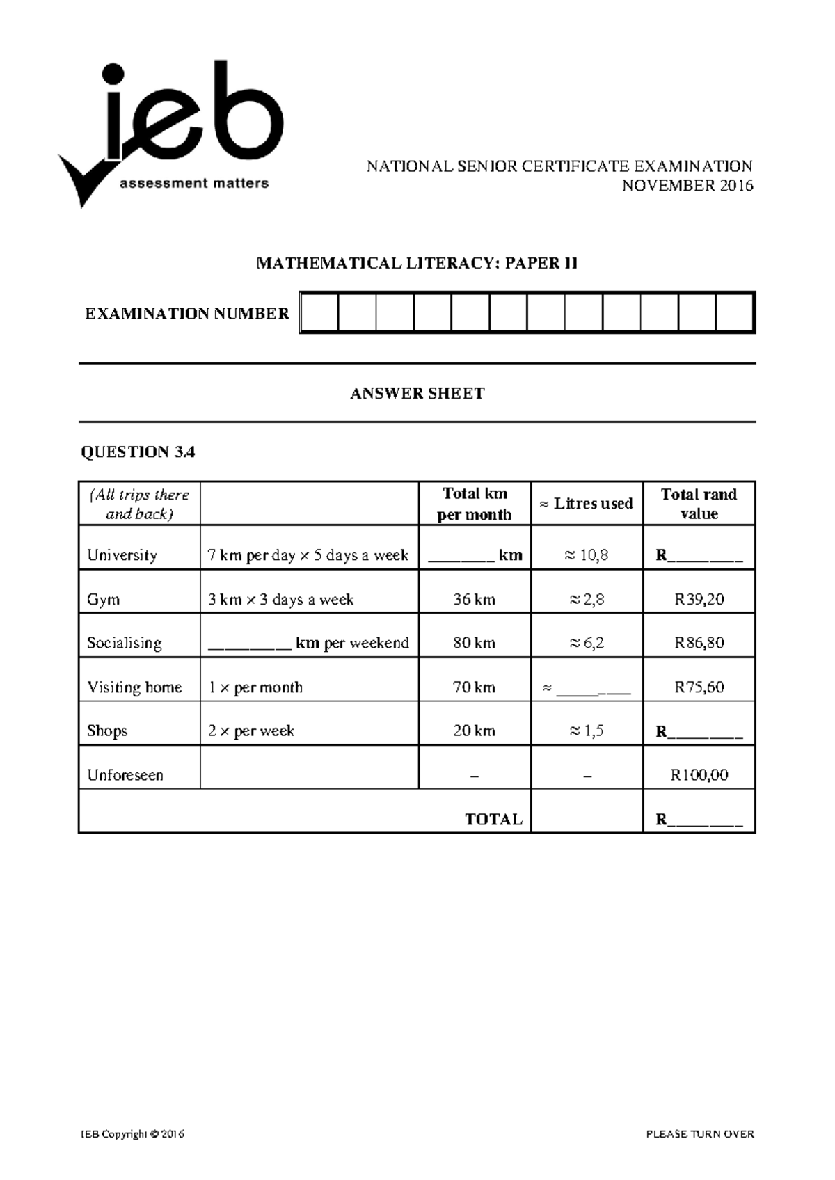 IEB Mathematical literacy 2016 p2 answersheet - NATIONAL SENIOR ...