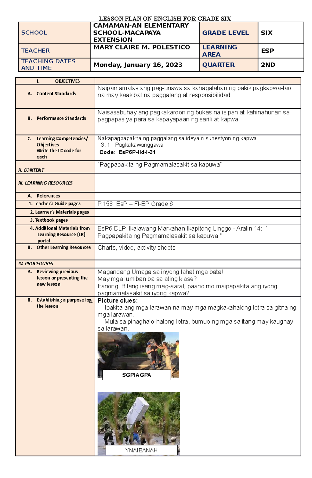 Lesson PLAN ESP 6 Pagkakawanggawa - LESSON PLAN ON ENGLISH FOR GRADE ...