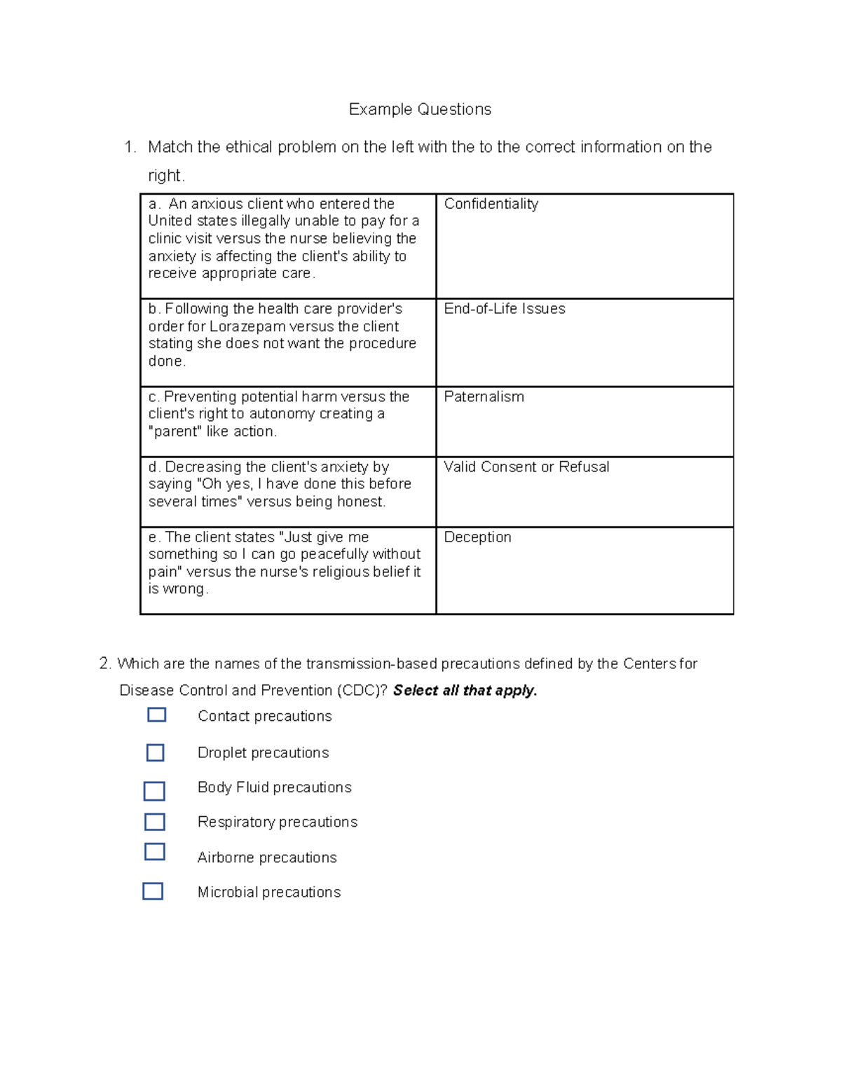 Example Questions - Match the ethical problem on the left with the to ...
