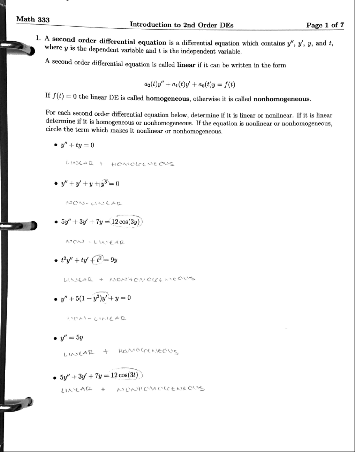 Introduction to 2nds Order DEs - MATH 333 - Studocu