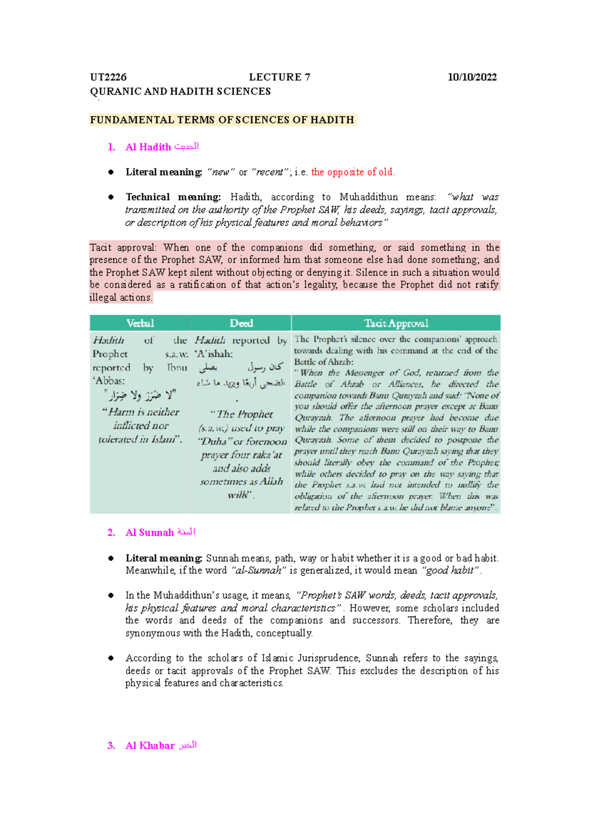 FUNDAMENTAL TERMS OF SCIENCES OF HADITH - UT2226 LECTURE 7 10/10 ...