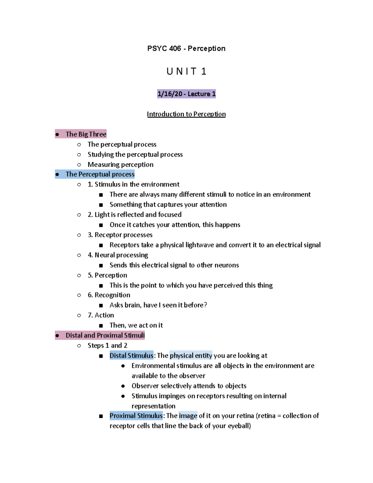 PSYC 406 - Lecture notes 10 - PSYC 406 - Perception U N I T 1 1/16/20 ...