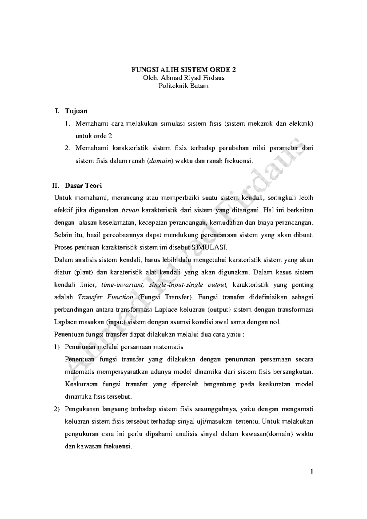 Fungsi alih orde 2 - FUNGSI ALIH SISTEM ORDE 2 Oleh: Ahmad Riyad ...