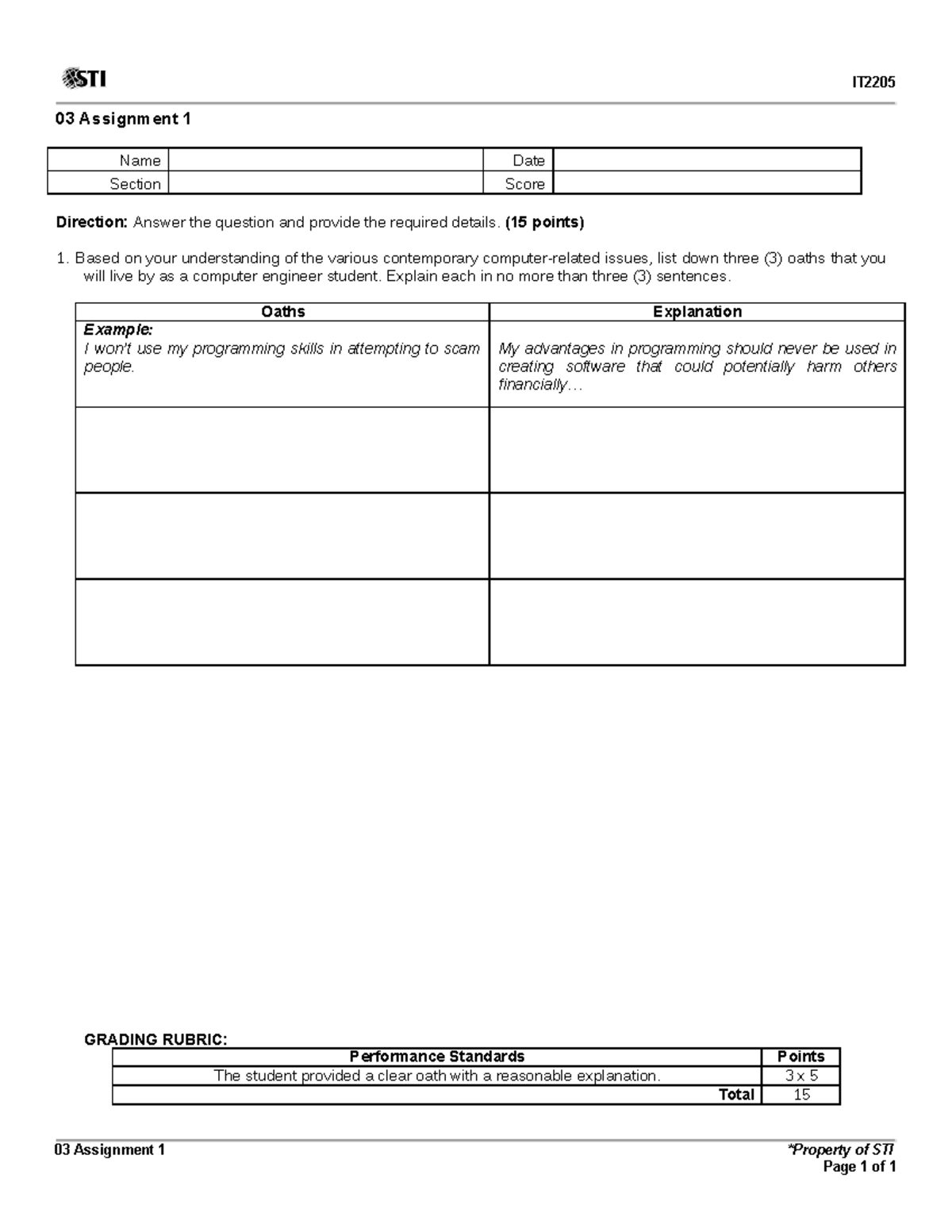 03 Assignment 1 - qwertyu - 03 Assignment 1 IT Name Date Section Score ...