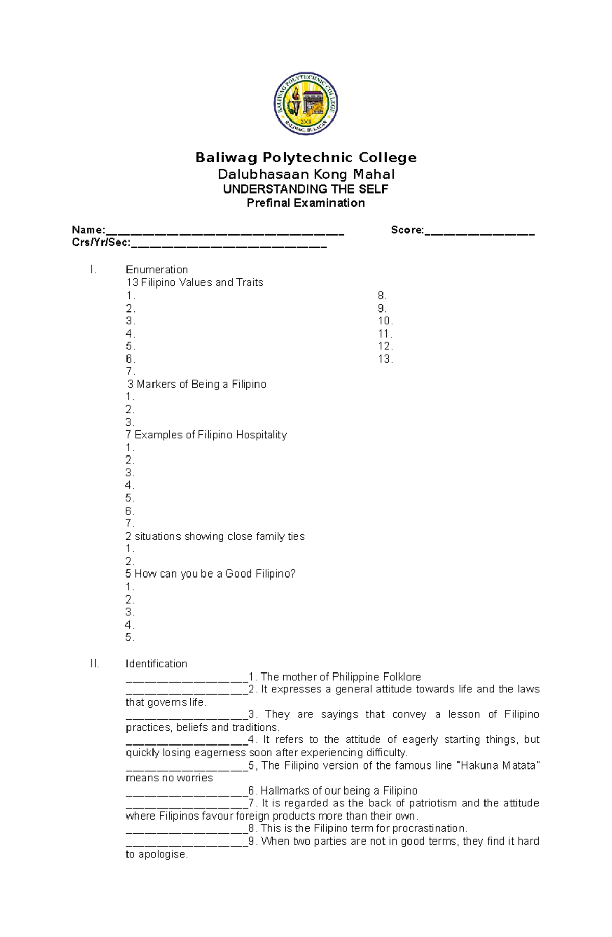 Uts-prefinal - To help others - Baliwag Polytechnic College Dalubhasaan ...