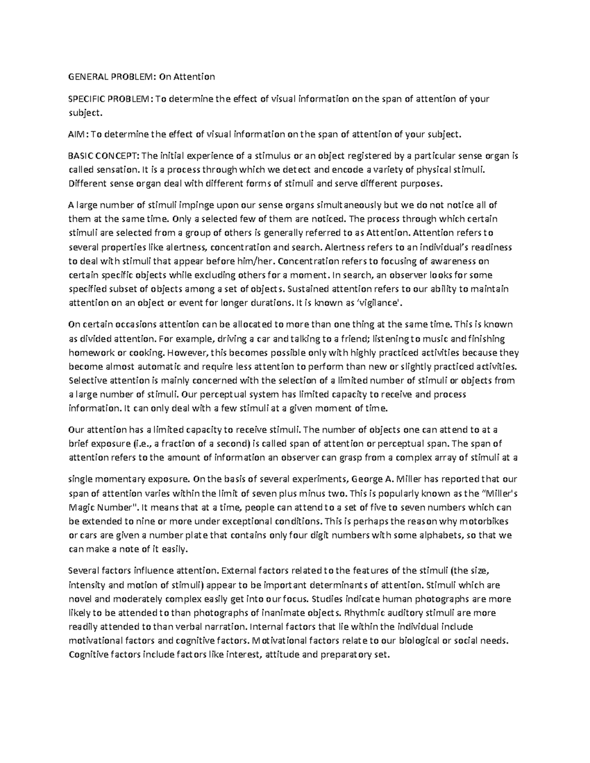 Psychology Practical Write UP - GENERAL PROBLEM: On Attention SPECIFIC ...