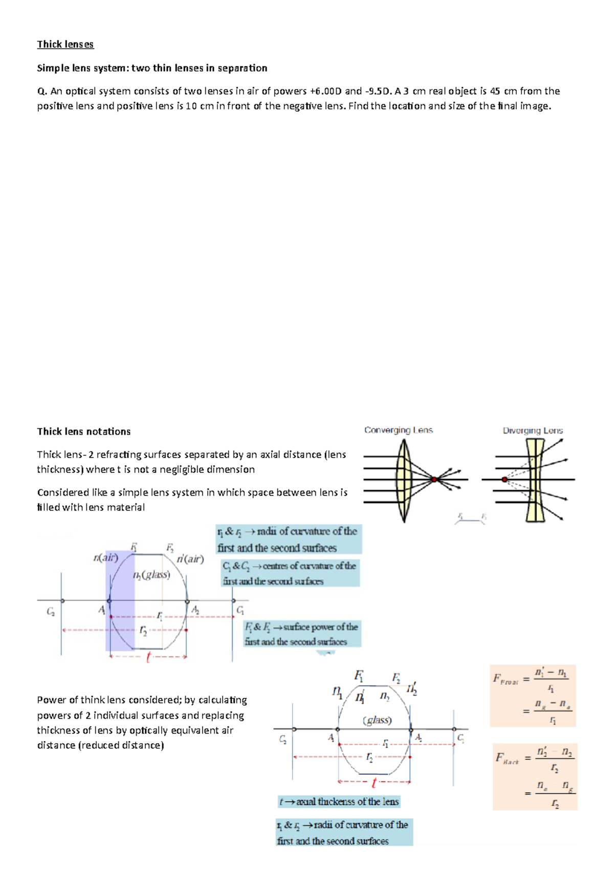 6. Thick lenses - Lecture note 7 - Thick lenses Simple lens system: two ...