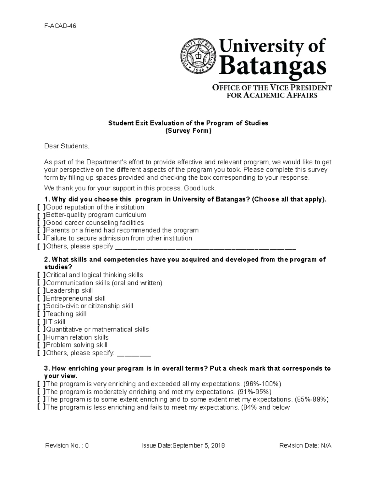 F ACAD 46 Student Exit Evaluation of the Program of Studies Survey Form ...