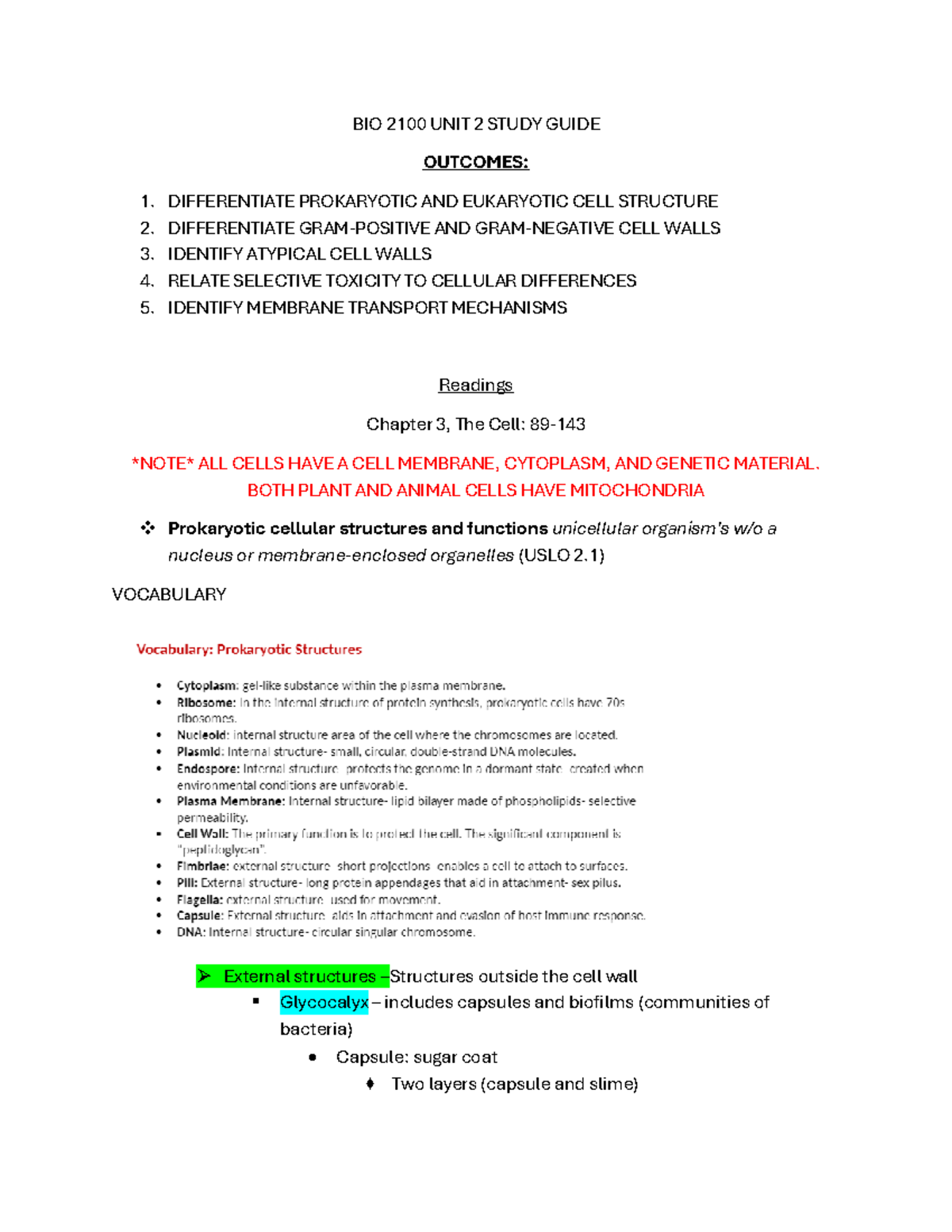 BIO 2100 Study Guide UNIT 2 - BIO 2100 UNIT 2 STUDY GUIDE OUTCOMES: 1. DIFFERENTIATE PROKARYOTIC ...