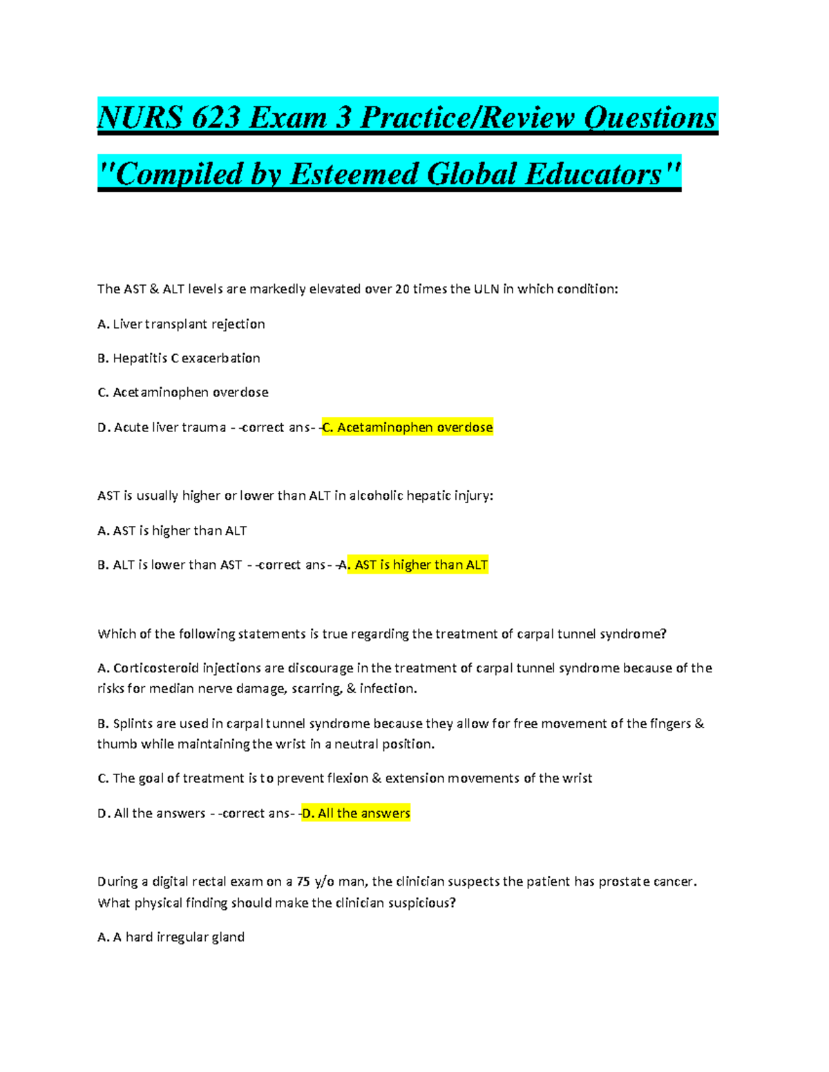 NURS 623 Exam 3 Practice - NURS 623 Exam 3 Practice/Review Questions "Compiled by Esteemed - Studocu