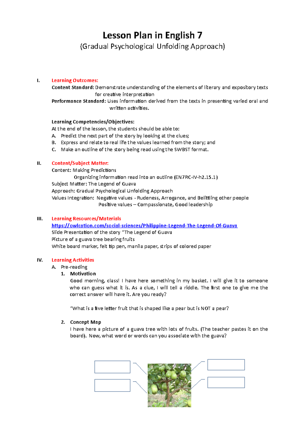 Lesson Plan in English 7 - Learning Outcomes: Content Standard ...