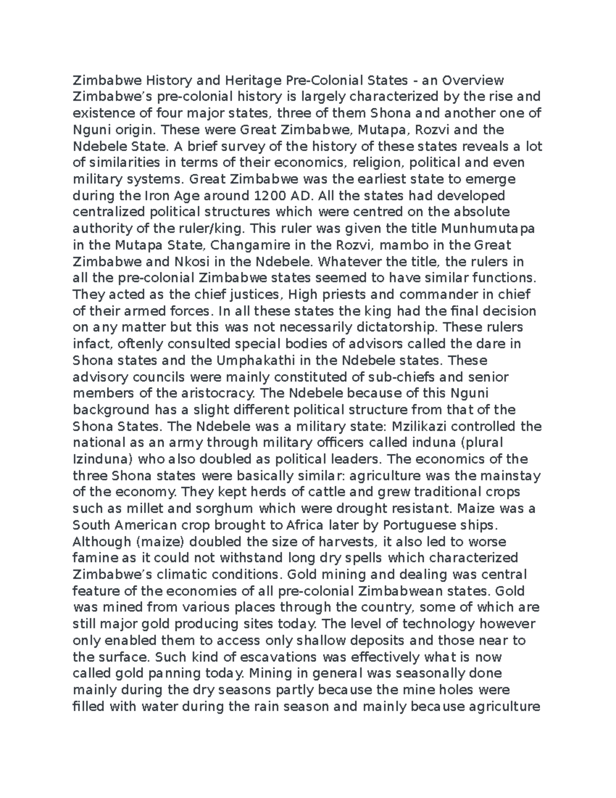 155 - history notes - Zimbabwe History and Heritage Pre-Colonial States ...