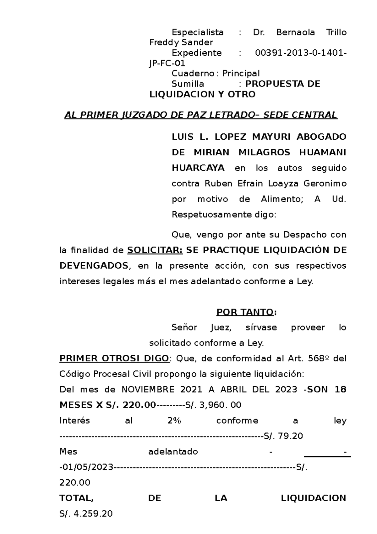 Propuesta DE Liquidacion - Mirian Milagros - Especialista : Dr ...