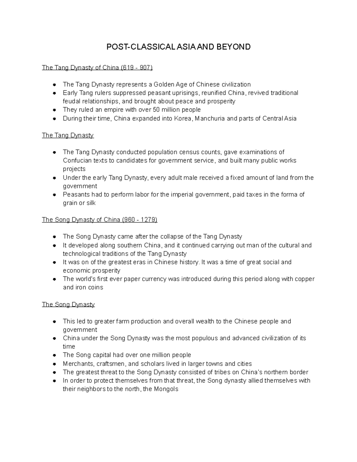 World History Notes Part 13 - POST-CLASSICAL ASIA AND BEYOND The Tang ...
