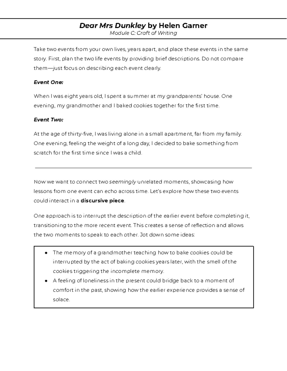 Copy of Discursive Writing Activity - Dear Mrs Dunkley by Helen Garner ...