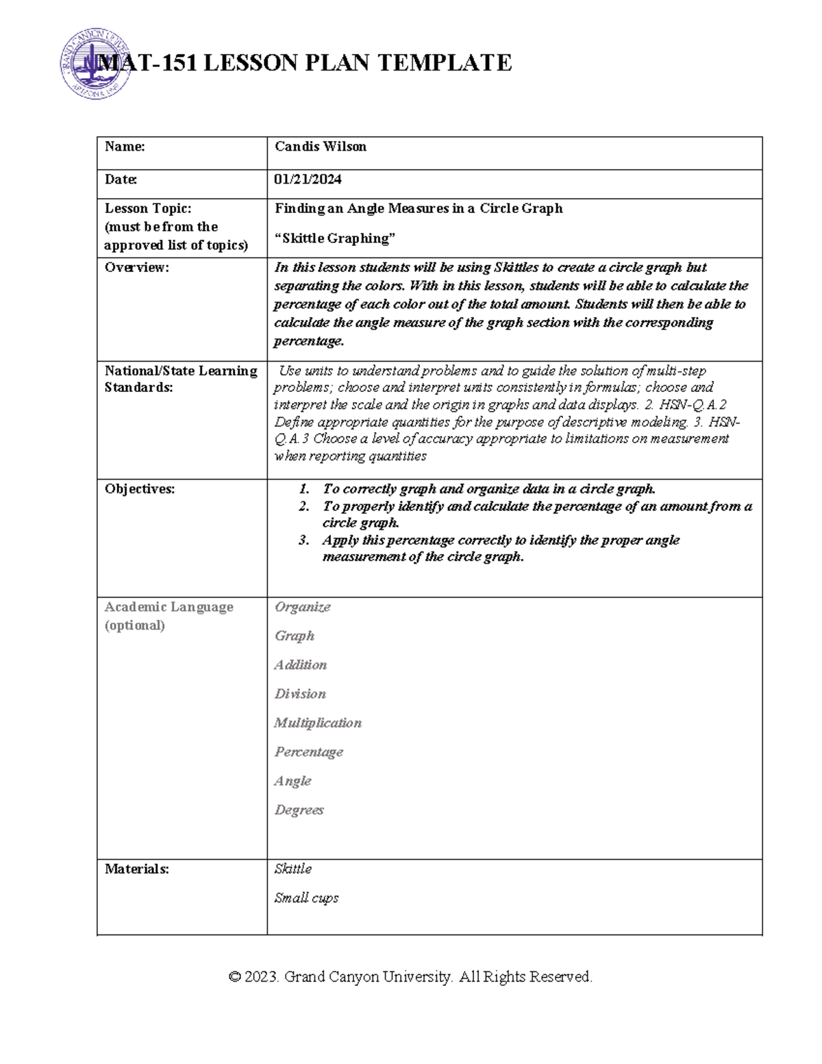 MAT-151 Lesson Plan on Skittle Graphing - Name: Candis Wilson Date: 01 ...