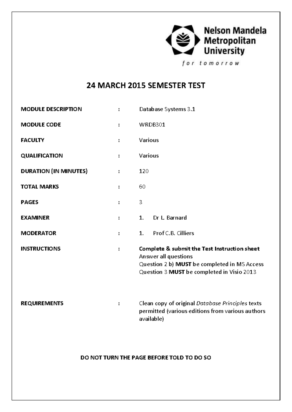 2015 WRDB301 24 March Sem Test - 24 MARCH 2015 SEMESTER TEST MODULE ...