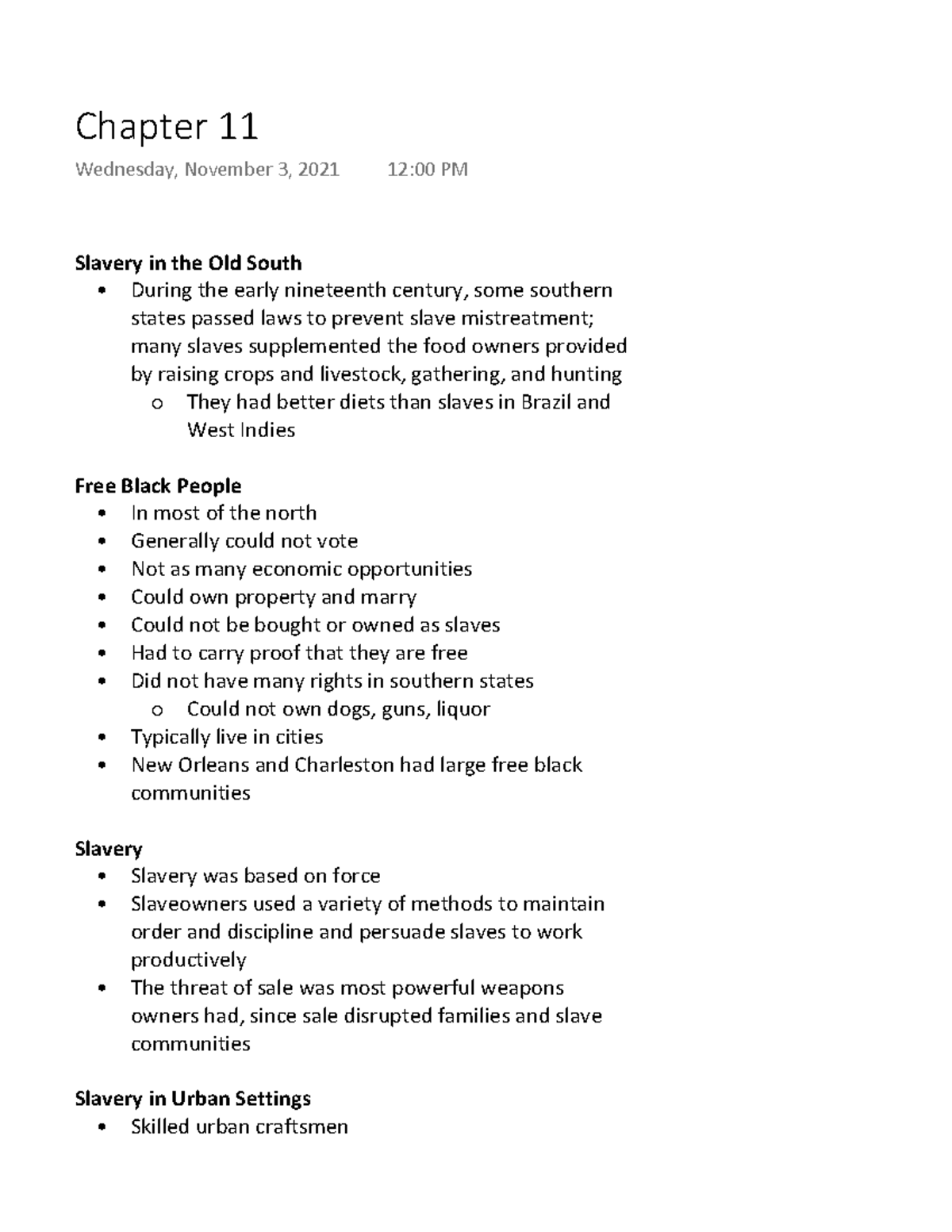 Chapter 11 - Lecture notes Ch 11 - Slavery in the Old South During the ...