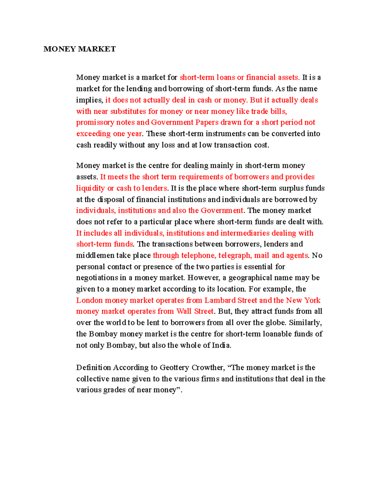 Money Market Notes - MONEY MARKET Money market is a market for short ...